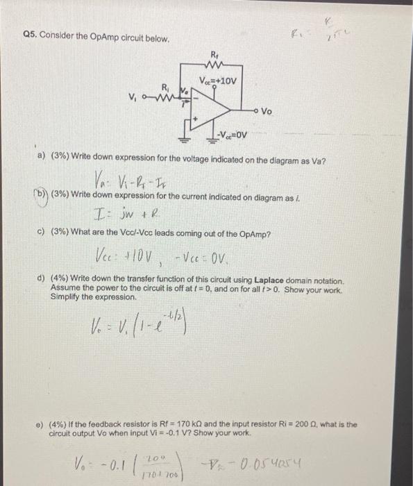 Solved Q5. Consider the OpAmp circuit below. a) (3%) Write | Chegg.com