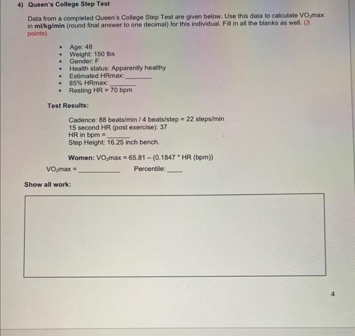 Solved Data from a completed Queen's College Step Test are | Chegg.com