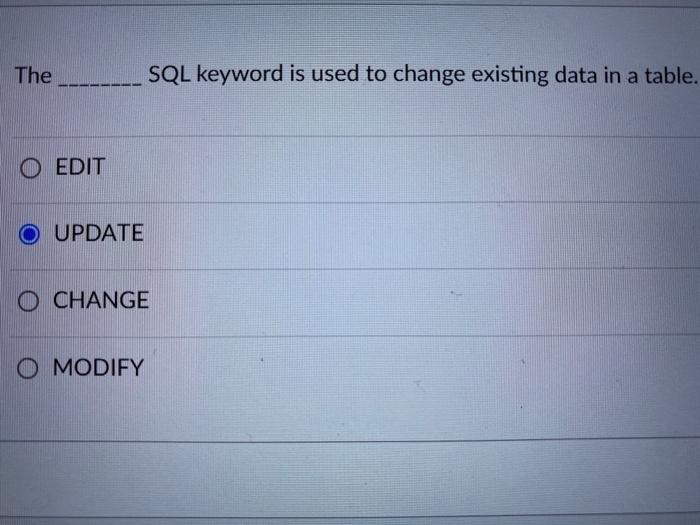Solved The SQL keyword is used to change existing data in a | Chegg.com
