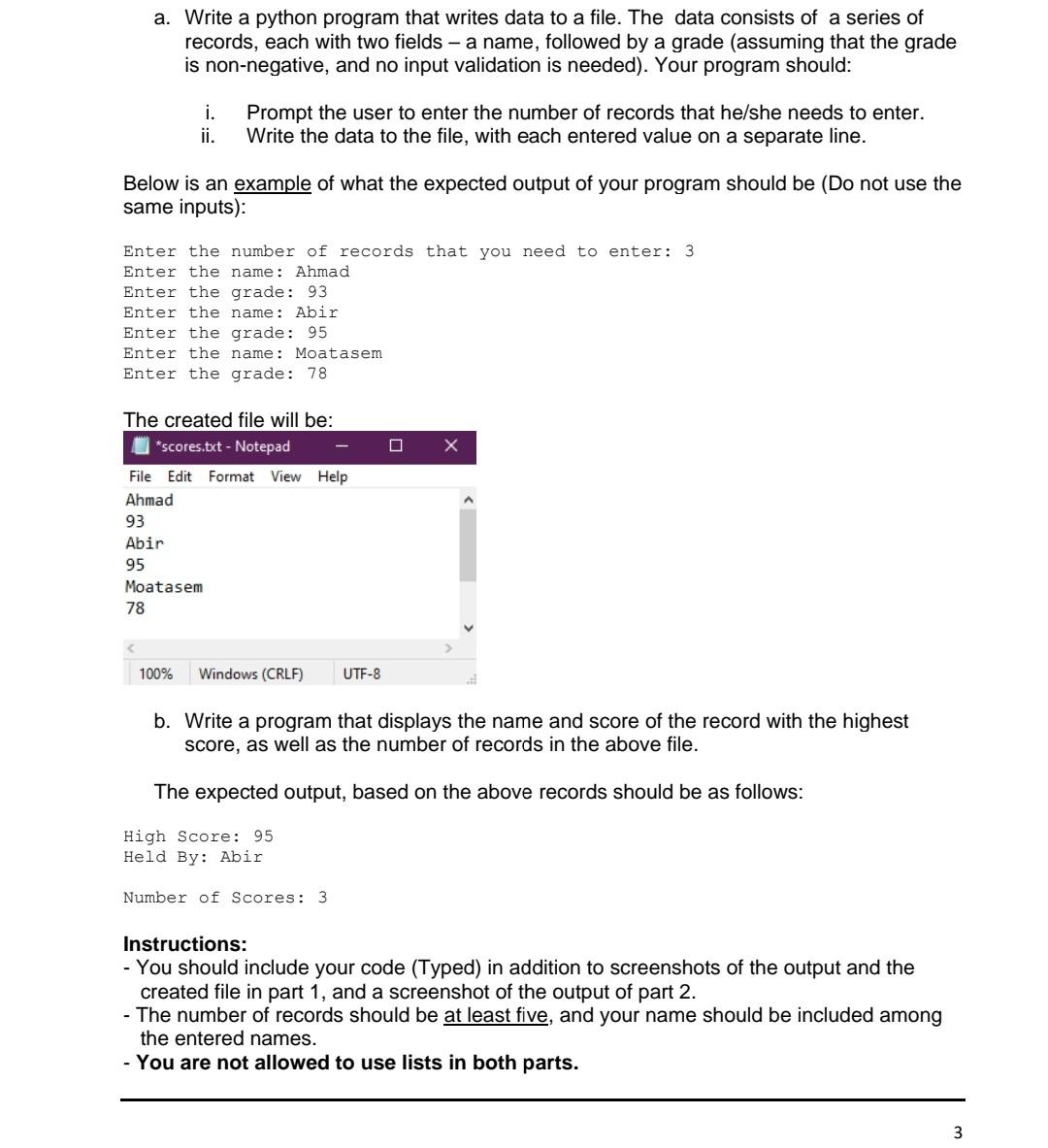 Solved A Write A Python Program That Writes Data To A File
