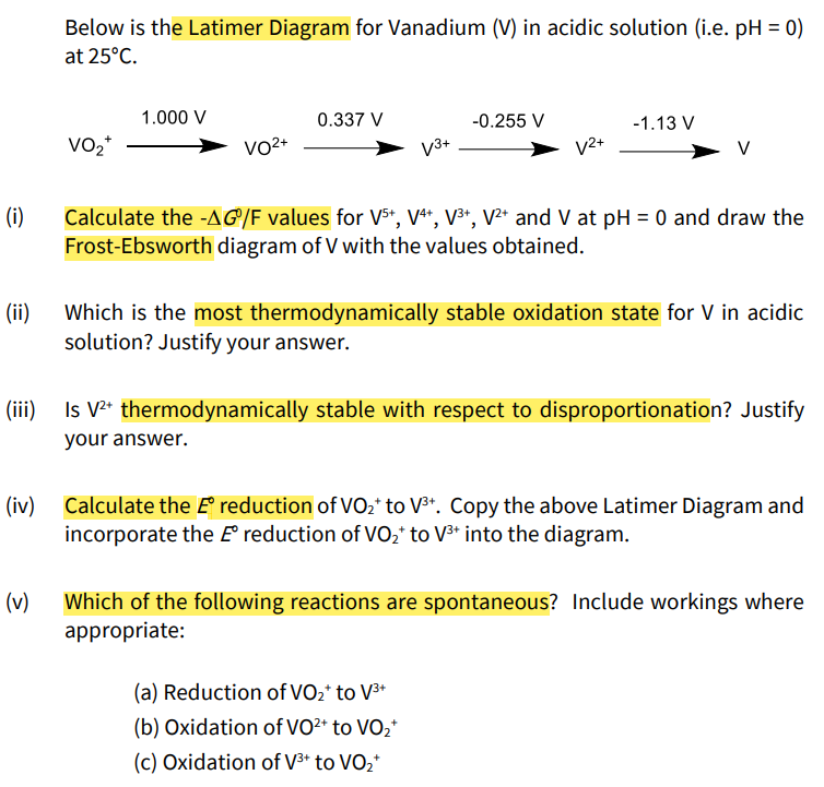 Solved Below is the Latimer Diagram for Vanadium (V) ﻿in | Chegg.com