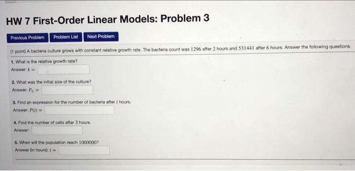 Solved HW 7 First-Order Linear Models: Problem 3 Previous | Chegg.com