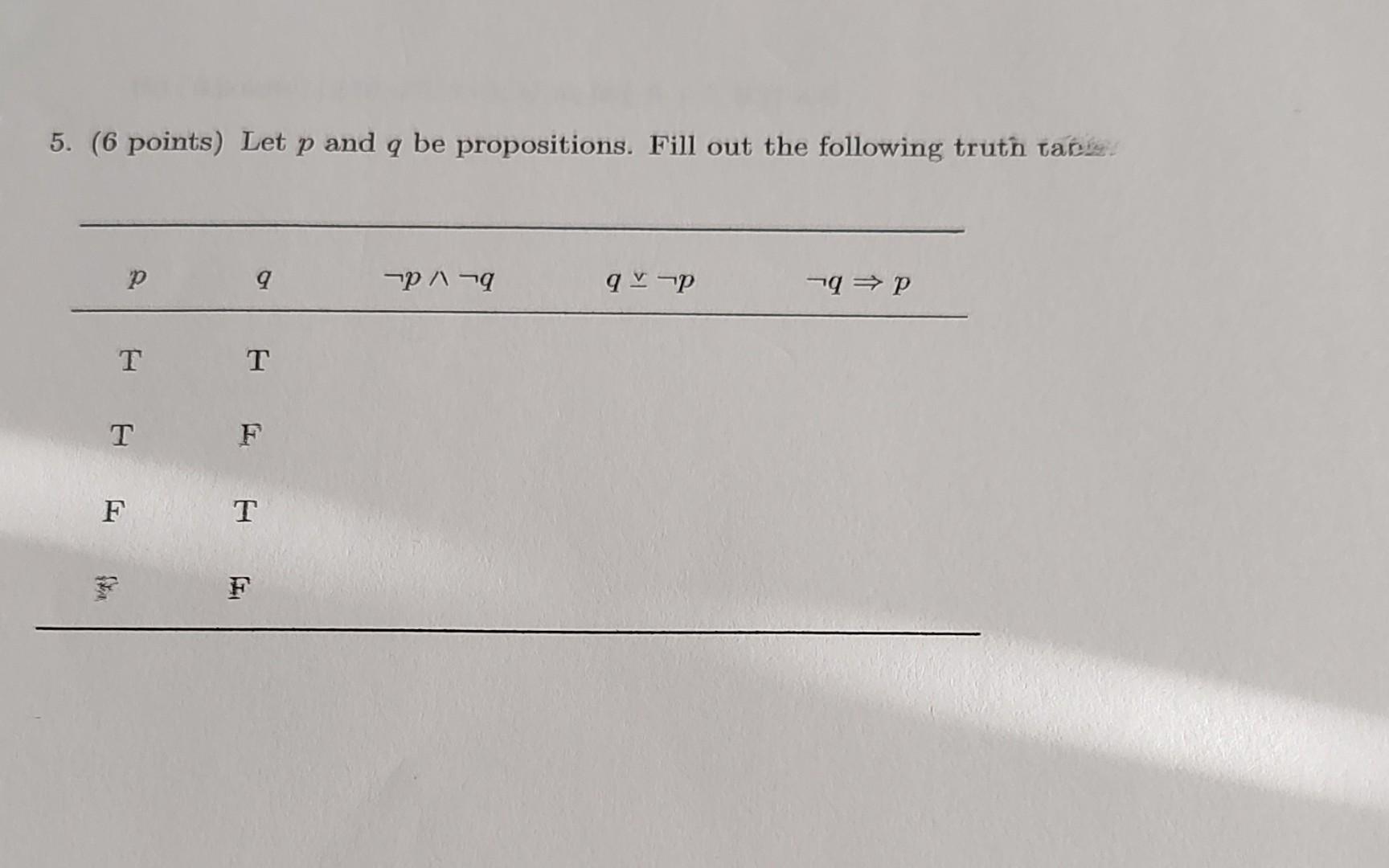 Solved 5. (6 points) Let p and q be propositions. Fill out | Chegg.com
