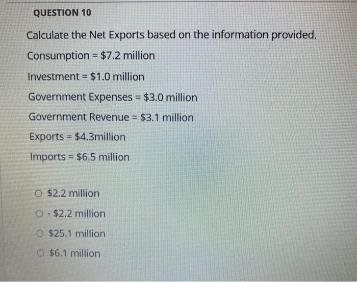 Solved QUESTION 10 Calculate the Net Exports based on the | Chegg.com
