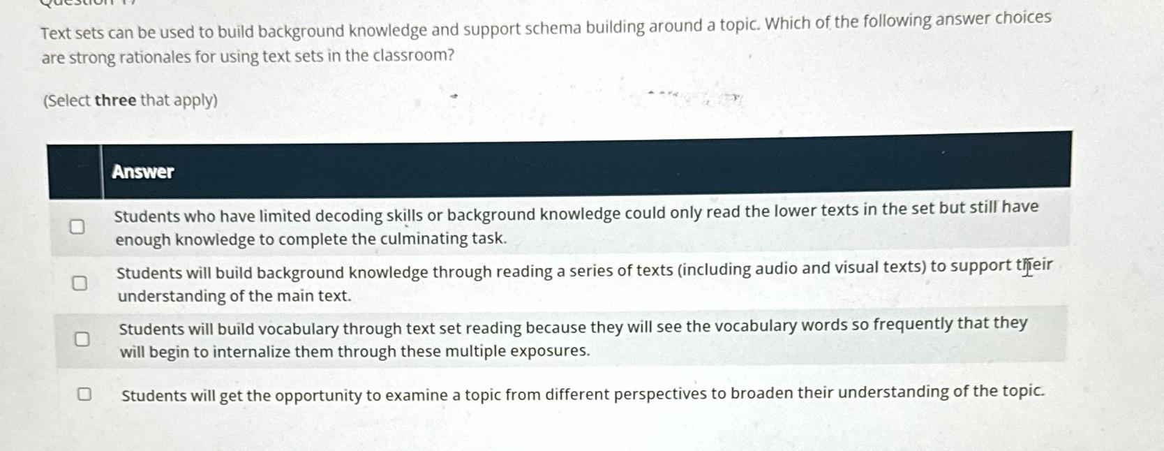 Solved Text sets can be used to build background knowledge | Chegg.com