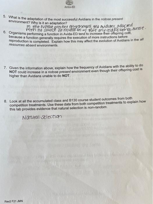 AVIDA-ED 5. What is the adaptation of the most | Chegg.com