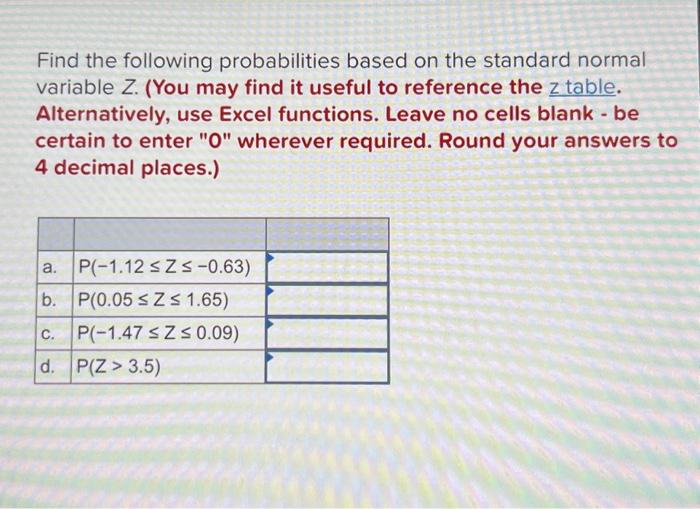 Solved Find the following probabilities based on the | Chegg.com