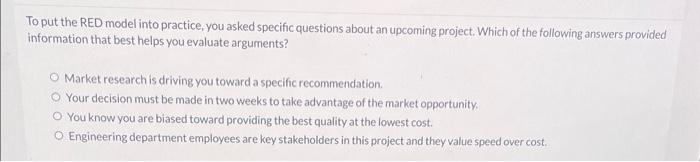 Solved To put the RED model into practice, you asked | Chegg.com