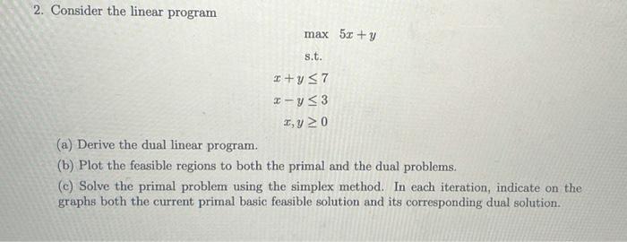 Solved 2. Consider the linear program max5x+y s.t. | Chegg.com