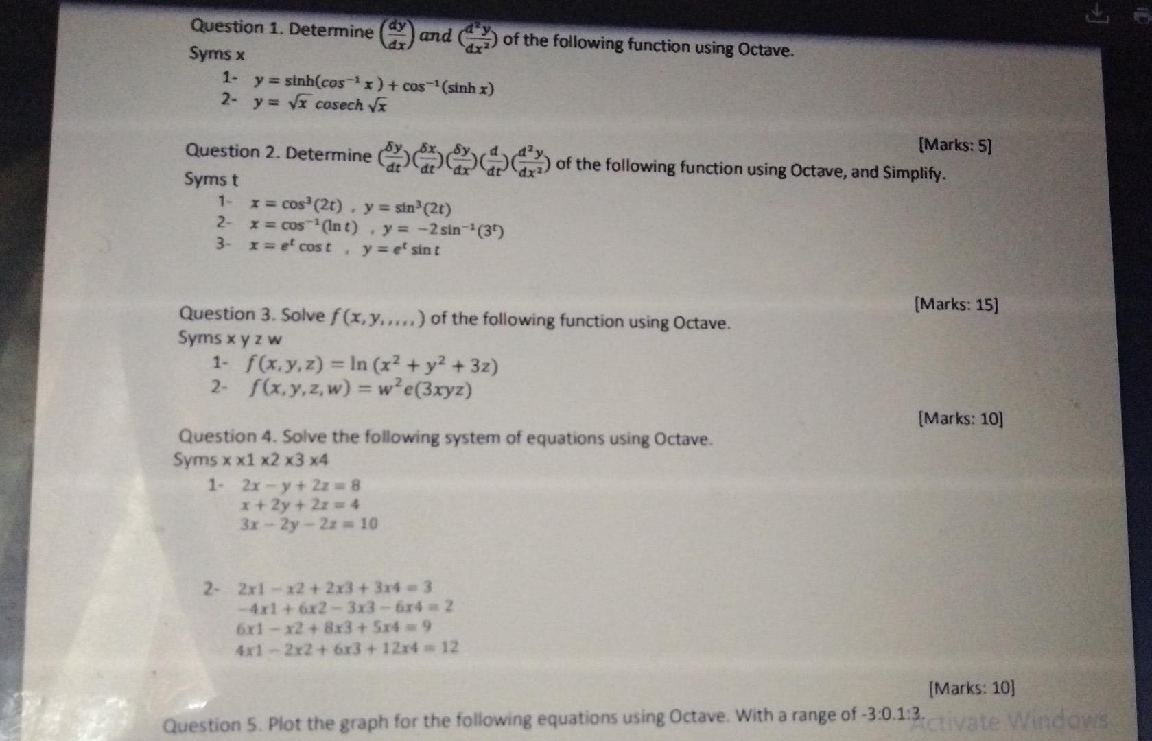 Solved Question 2. Determine Question 1. Determine dy and 3 | Chegg.com