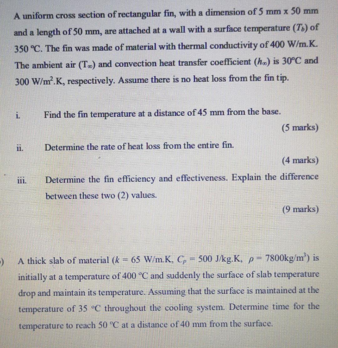 Solved A uniform cross section of rectangular fin, with a | Chegg.com