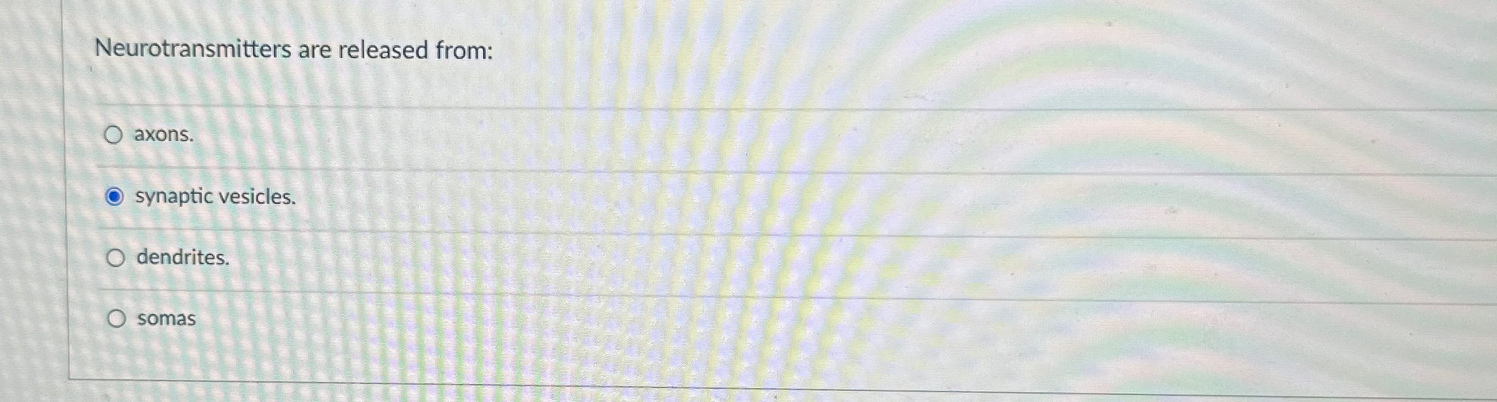 Solved Neurotransmitters are released from:axons.synaptic | Chegg.com