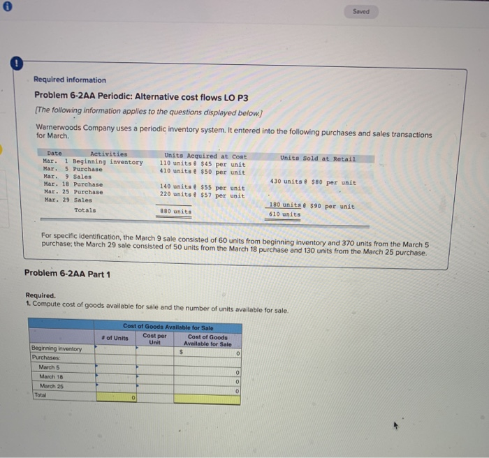 Solved Saved Required information Problem 6-2AA Periodic: | Chegg.com