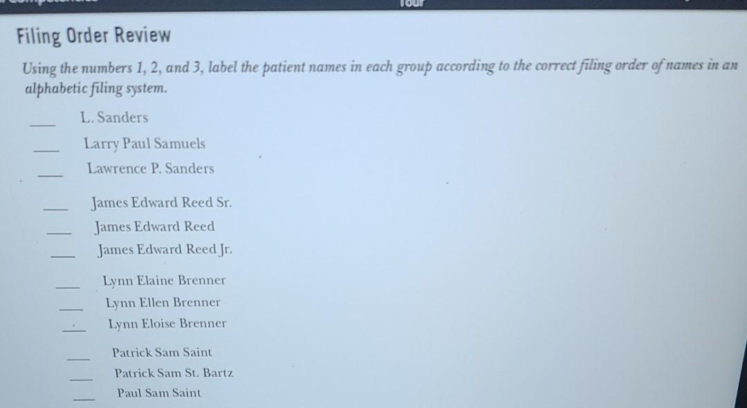 Solved Tour Filing Order Review Using the numbers 1, 2, and | Chegg.com