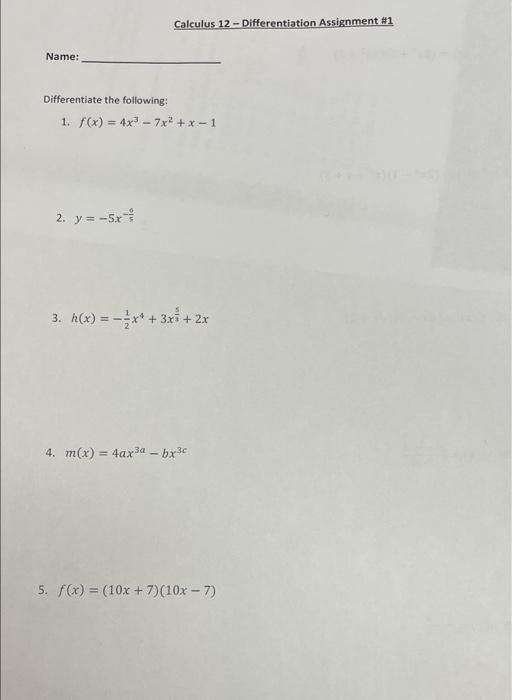 Solved Calculus 12 - Differentiation Assignment #1 Name: | Chegg.com