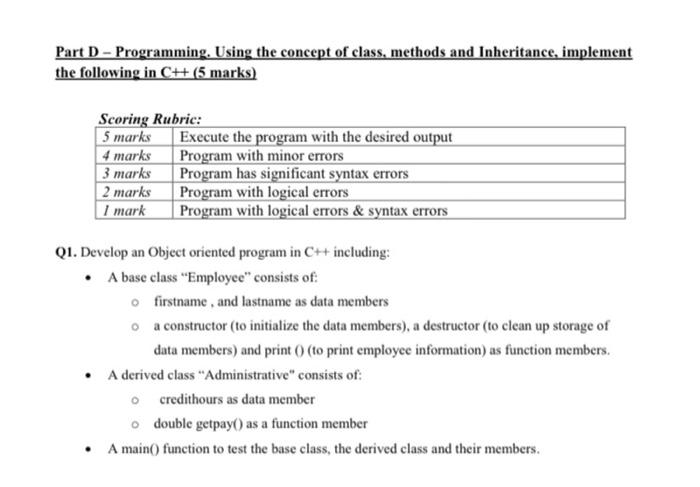 Solved Part D Programming Using The Concept Of Class 