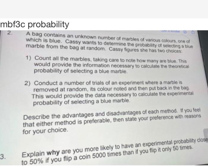 Solved mbf3c probability 2. A bag contains an unknown number | Chegg.com