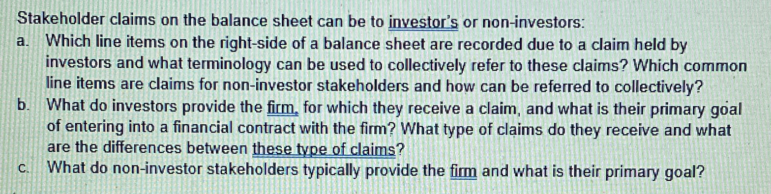 Solved Stakeholder claims on the balance sheet can be to | Chegg.com