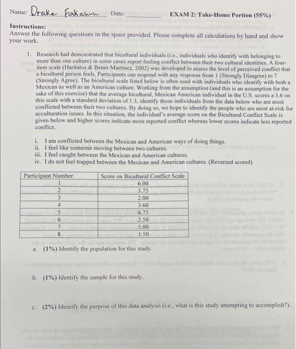Solved Name: Drake Fakahva Date: EXAM 2: Take-Home Portion | Chegg.com