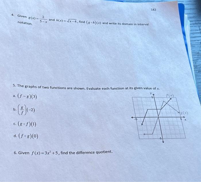 Solved 4. Given g(x)=5−x2 and h(x)=x−4, find (g∘h)(x) and | Chegg.com
