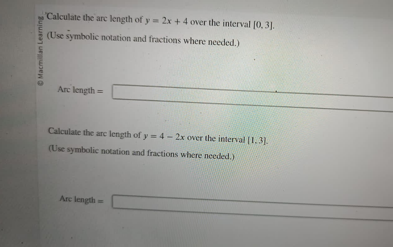 Solved Calculate the arc length of y=2x+4 ﻿over the interval | Chegg.com