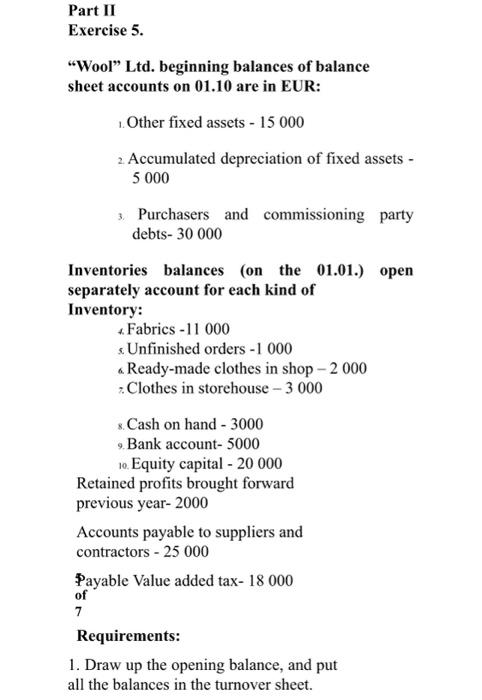 Solved Part II Exercise 5. "Wool" Ltd. beginning balances of | Chegg.com