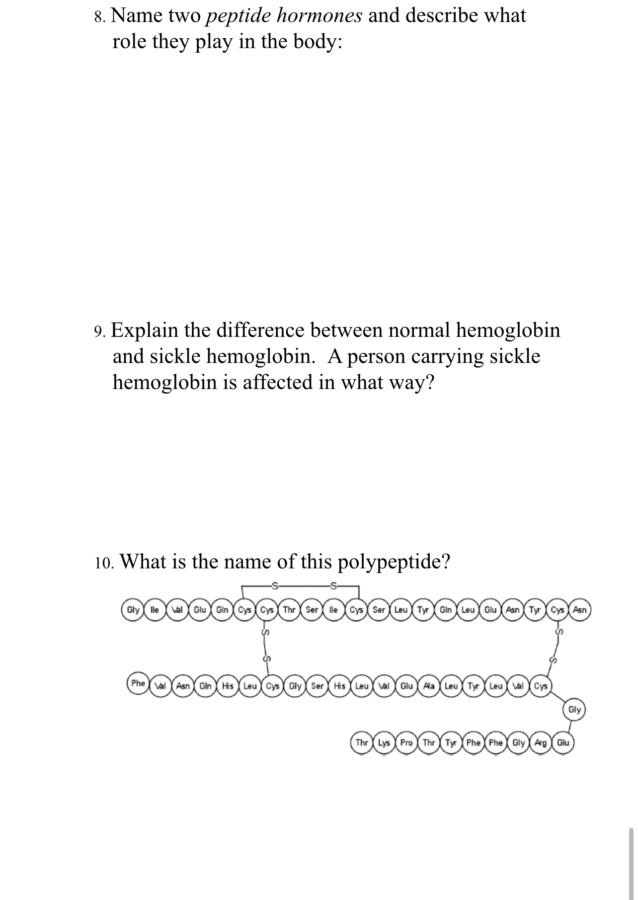 Solved Name two peptide hormones and describe what role they | Chegg.com