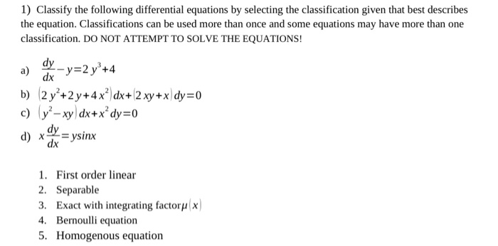 Solved Classify the following differential equations by | Chegg.com
