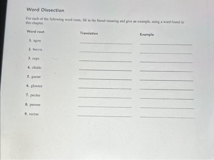 Solved Word Dissection For each of the following word roots, | Chegg.com