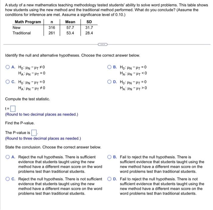 Solved A study of a new mathematics teaching methodology | Chegg.com
