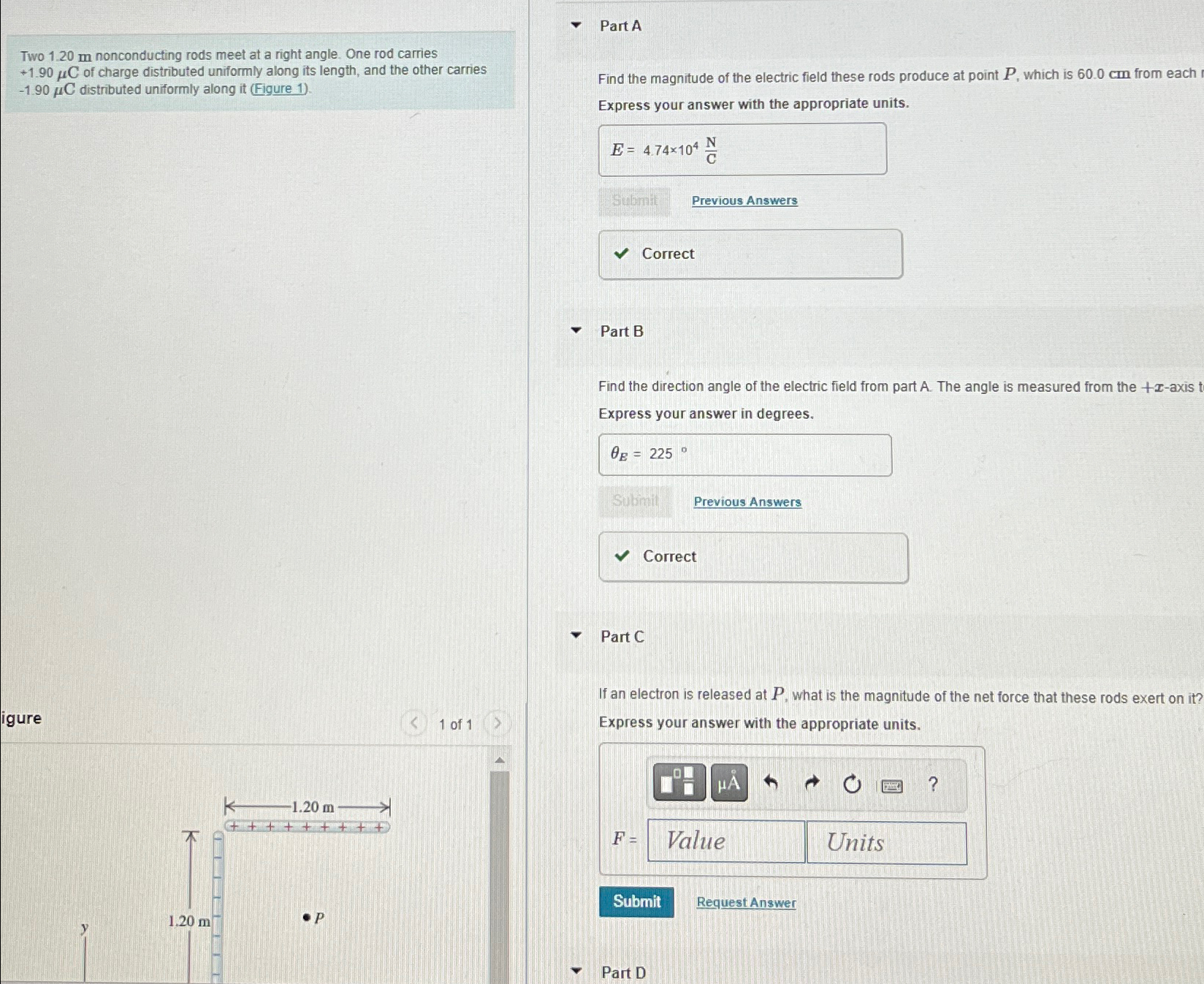 Solved Part ATwo 1.20m ﻿nonconducting rods meet at a right | Chegg.com