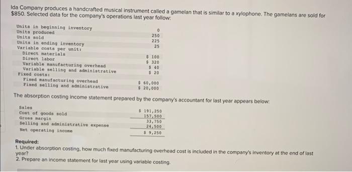 Solved Ida Company produces a handcrafted musical instrument | Chegg.com