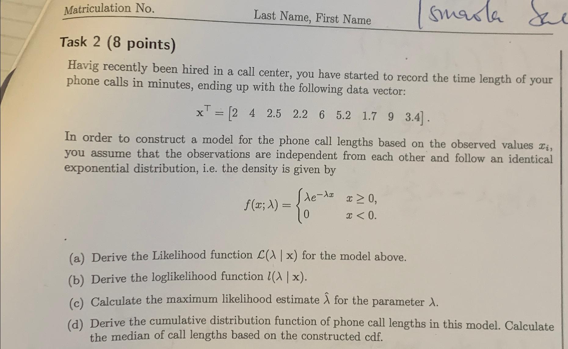 Solved Matriculation No.\\nLast Name, First | Chegg.com