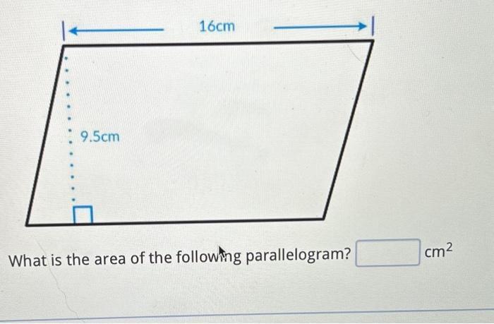 Solved What is the area of the following parallelogram? cm2 | Chegg.com