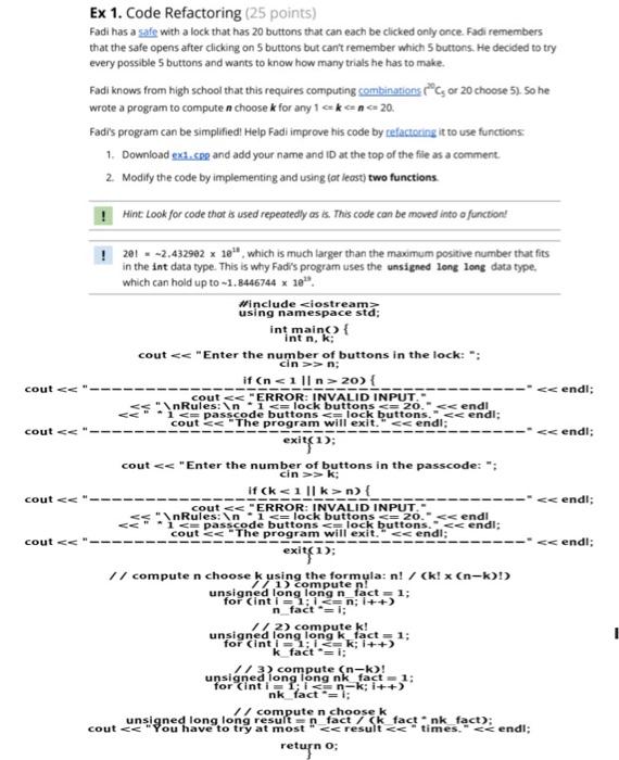Solved Ex 1. Code Refactoring (25 points) Fadi has a safe | Chegg.com