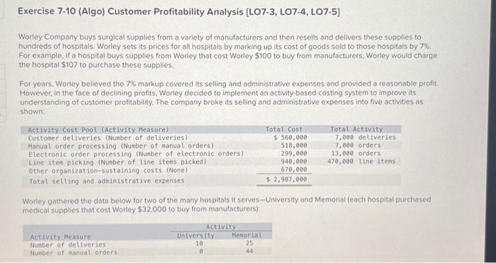 Solved Exercise 7-10 (Algo) Customer Profitability Analysis | Chegg.com