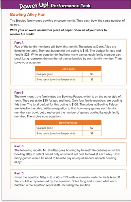 Solved Power Up! Performance Task Bowling Alley Fun The | Chegg.com