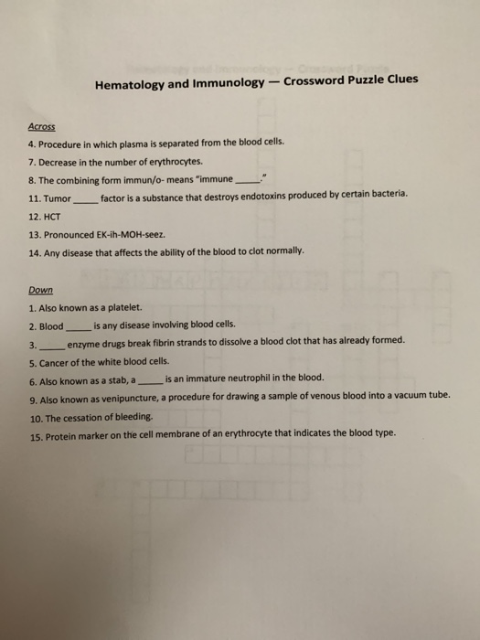 Solved Hematology and Immunology Crossword Puzzle Clues | Chegg.com