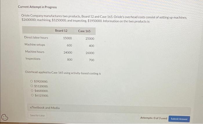 Solved Current Attempt in Progress Oriole Company | Chegg.com