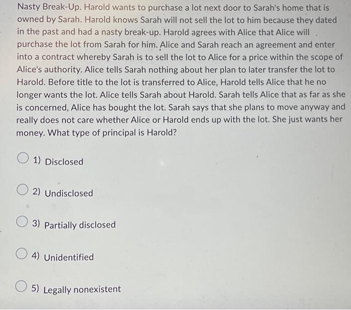 Solved Nasty Break-Up. Harold wants to purchase a lot next | Chegg.com