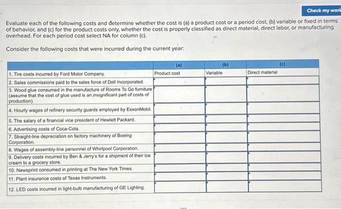 Solved Evaluate each of the following costs and determine | Chegg.com