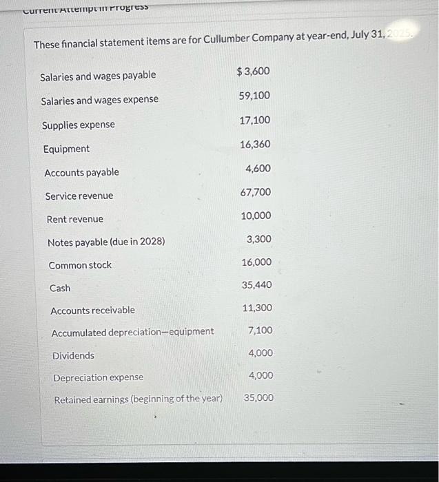 Solved These financial statement items are for Cullumber | Chegg.com