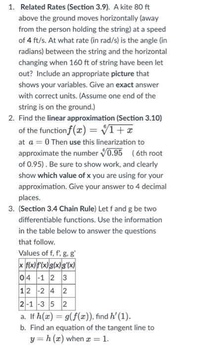 Solved 1. Related Rates (Section 3.9). A kite 80ft above the | Chegg.com