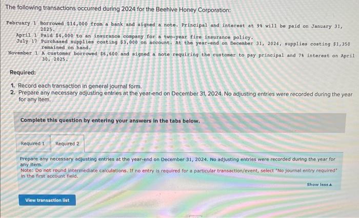 Solved The following transactions occurred during 2024 for | Chegg.com