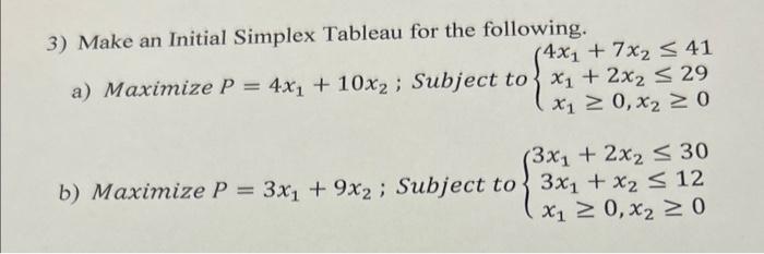 Solved 3) Make an Initial Simplex Tableau for the following. | Chegg.com