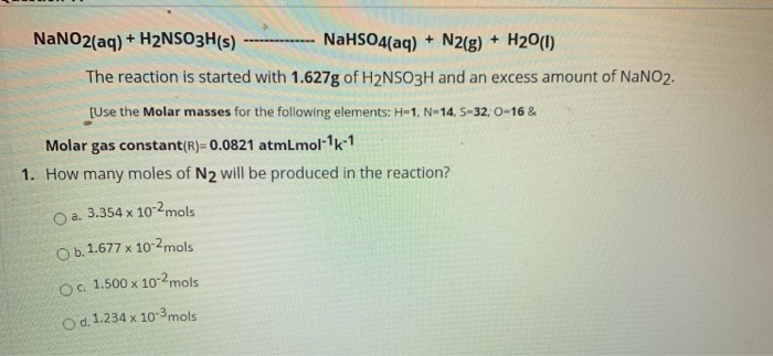 Solved NaNO2(aq) + H2NSO3H(s) ------- NaHSO4(aq) + N2(g) + | Chegg.com