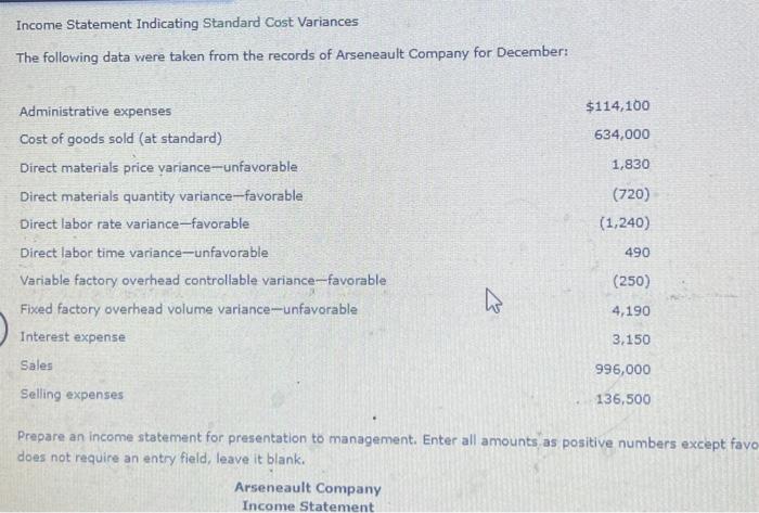 Solved Income Statement Indicating Standard Cost Variances | Chegg.com