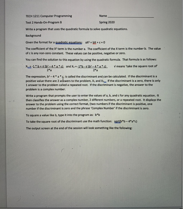 Solved Tech 1211 Computer Programming Name Test 2 
