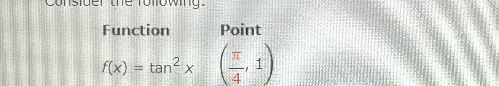 Solved Function Point f(x)=tan2x,(π4,1) | Chegg.com