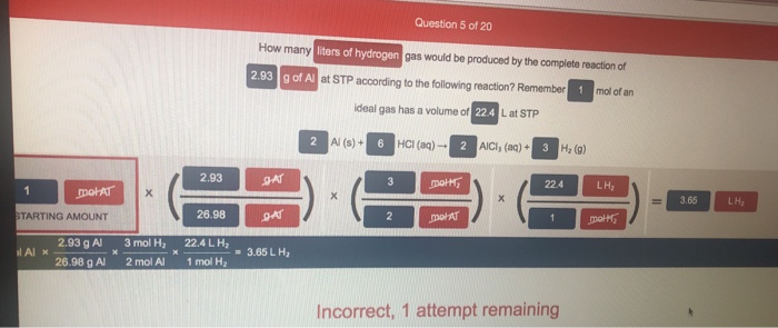 Solved Question 5 of 20 How many liters of hydrogen gas | Chegg.com